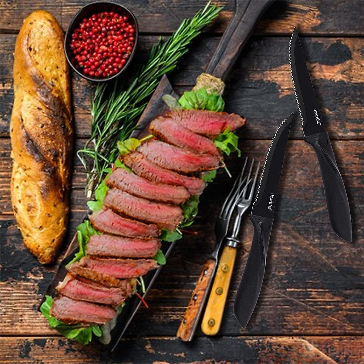 dearithe Steak knives set of 6, Black Serrated Stainless Steel Sharp Blade Flatware Steak Knife Set, 4.5 Inches,Non stick coating for Anti-rusting, for Restaurant Tableware Kitchen Camping