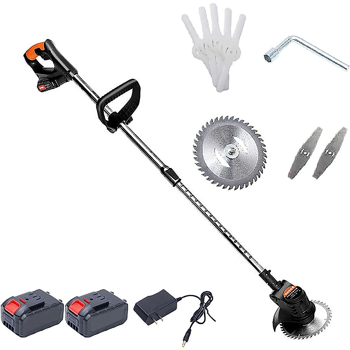 Handheld Cordless Trimmer, 24v Electric Handheld Lawn Mower with 3 Styles Blades 2 Batteries 1 Charger Adjustable Length Machine Head Angle Weeder