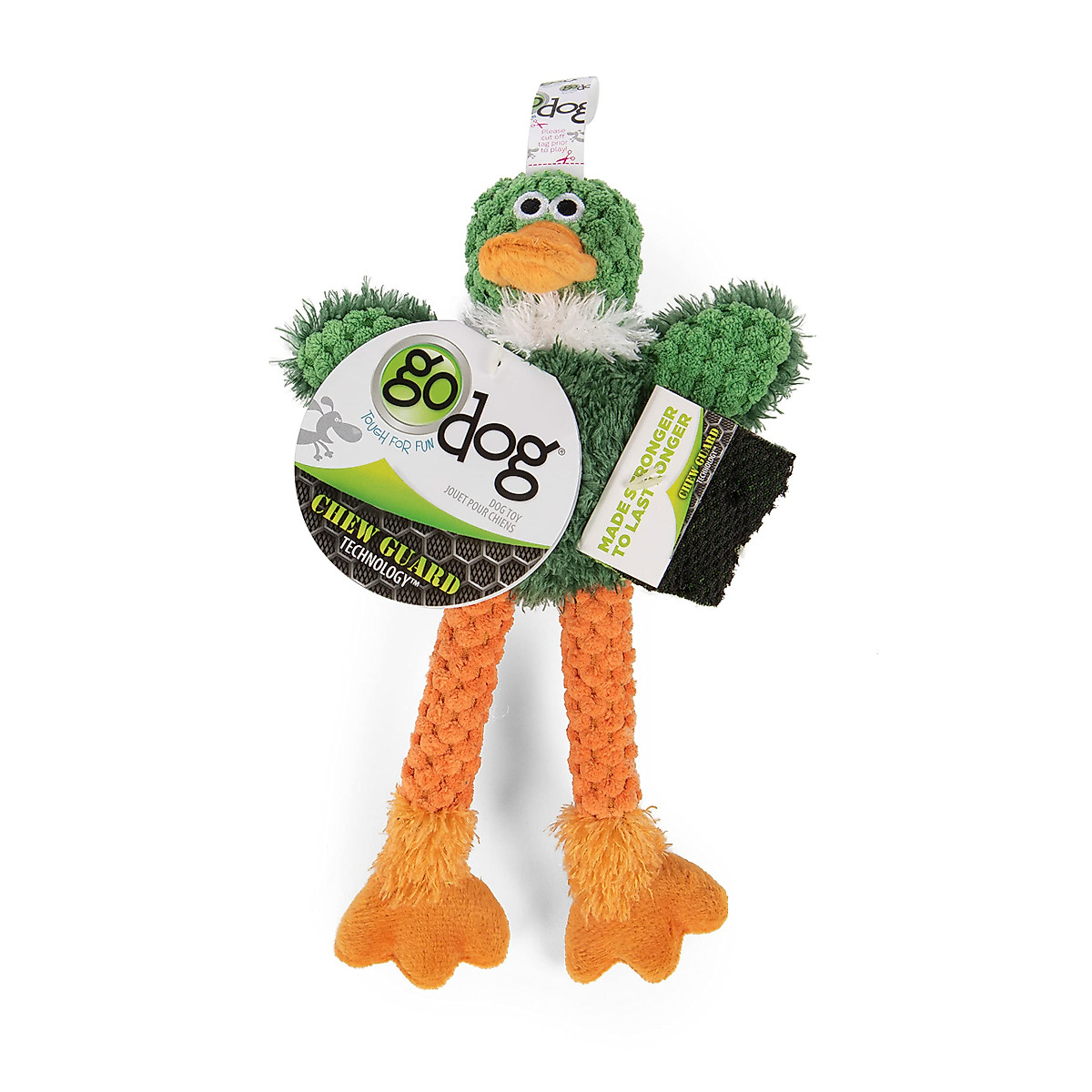 goDog Checkers Just for Me Skinny Duck Squeaky Plush Dog Toy, Chew Guard Technology - Green, Mini