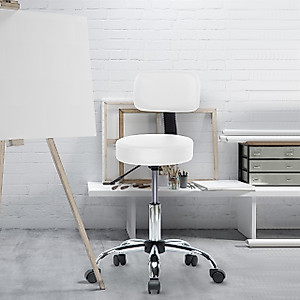 Naomi Home Mara Adjustable Stool with Wheels and Backrest, Office Rolling Stools with Wheels, PU Leather Drafting Stools,Swivel Stool with Back Rest, Small Rolling Chair, White