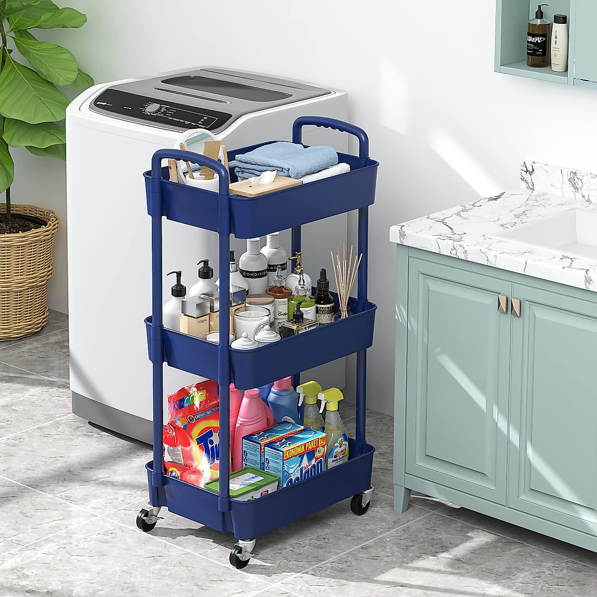 Sywhitta 3-Tier Plastic Rolling Utility Cart with Handle, Multi-Functional Storage Trolley for Office, Living Room, Kitchen, Movable Storage Organizer with Wheels, Blue