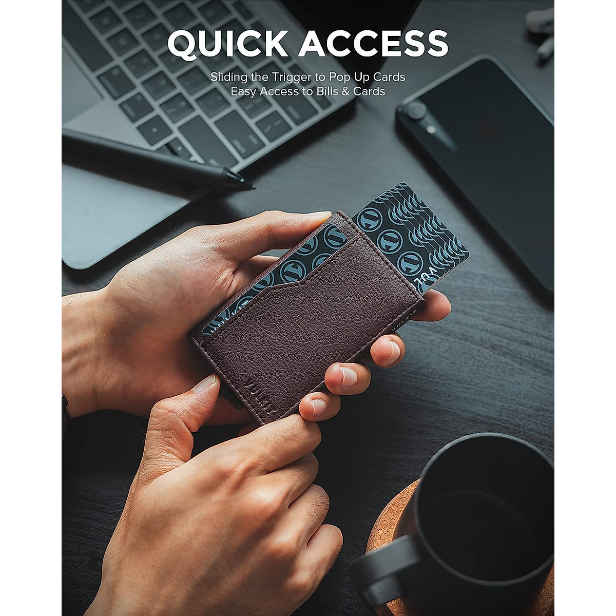 VULKIT Card Holder Wallet for Mens with ID Windows RFID Blocking Pop Up Wallet Slim Leather Wallet Holds Up to 12 Cards Men's Card Case, Dark Brown