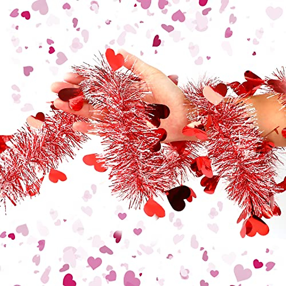 KIMOBER 33 Ft Valentine's Day Tinsel Garland,Red White Heart Metallic Hanging Garland for Party Decoration Supply