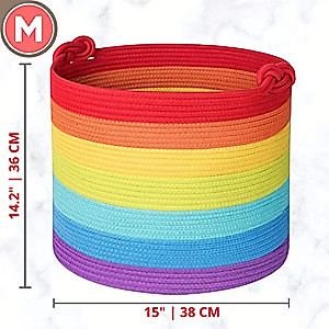 MINTWOOD Design 15 x 14.2 Inches Woven Cotton Rope Storage Basket, Stuffed Toy Basket Bin, Laundry Basket Hamper, Nursery Basket, Dog Toy Basket, Blanket Basket, Gift Basket, Rainbow