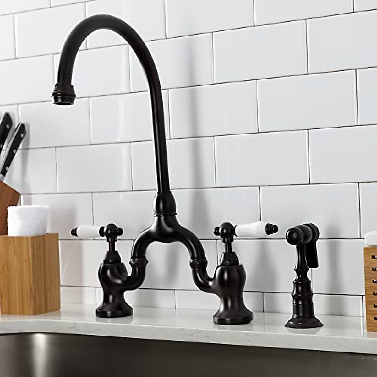Kingston Brass KS7795PLBS English Country Bridge Kitchen Faucet with Brass Sprayer, Oil Rubbed Bronze