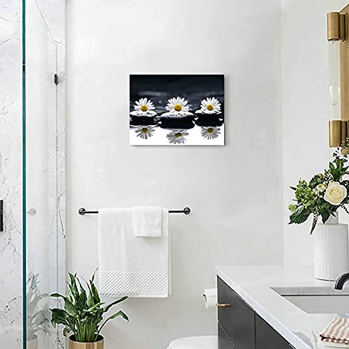 QTESPEII Black and White Canvas Wall Art Yellow Daisy Pictures Flower and Stone Paintings for Bathroom Living Room Bedroom Office Decoration Framed Still Life Modern Zen Home Decor 12"x16" 1 Panel