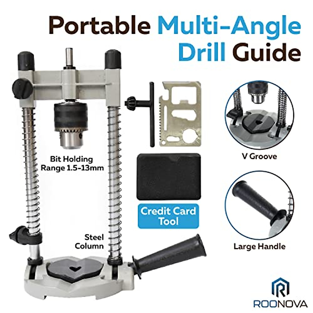 ROONOVA: Angle Drill Guide | Portable Drill Press Stand | Strong Aluminum Alloy | Multi-Angle Adjustable Drill Press Guide with Chuck | Portable & Lightweight | Complete with Credit Card Tool