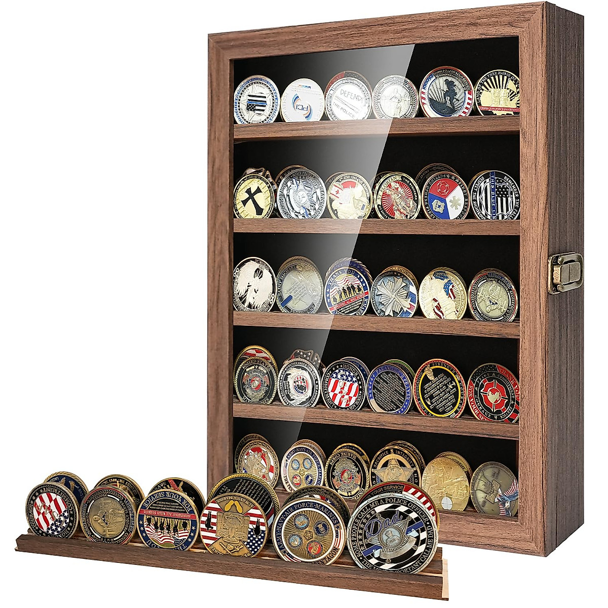 Military Challenge Coin Display Case Holder with HD Toughened Glass and Wall Mount, Wooden Coin Stand Rack with Removable 2 Grooves Shelves, Rustic Brown…