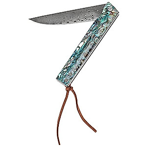 STANBIK Damascus Pocket Knife with Sheath,Abalone Shell Handle With 3.54" Damascu Blade,EDC Folding Knives for Camping Fishing Hiking Outdoor Work.
