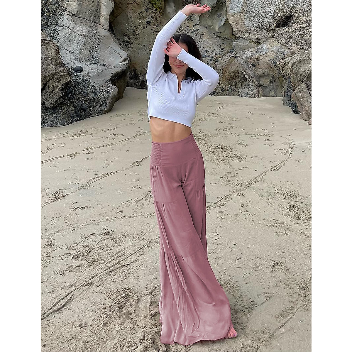 Xiaoxuemeng Women's Tiered Palazzo Pants Flowy Elastic High Waisted Wide Leg Beach Pants (Pink-XL)