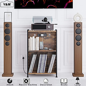 Y&M Record Player Stand, Vinyl Turntable Stand with Charging Station and USB Port, Record Display Table with Storage Cabinet, Turntable Holder, End Table, Nightstand for Bedroom, Living Room, Brown