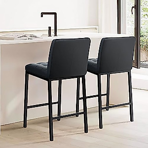 E&D FURNITURE Bar Stools 26 INCH Set of 2 with Back, Metal Legs PU Leather Barstool Mid-Century Modern Upholstered Counter Height Stool for Kitchen Island Counter, Black 2PCS