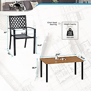 SUNSHINE VALLEY Patio Dining Sets 7 PCS, 6 x Patio Dining Rhombus Chairs Metal Material Teak Color Table Top Rectangular Dining Table with 1.57” Umbrella Hole for Outdoor Kitchen Lawn Garden,Deck.