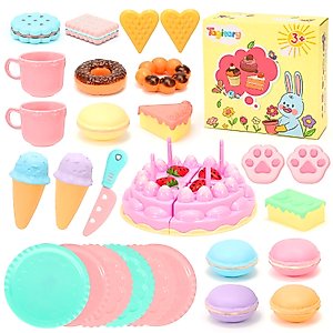 Tagitary Tea Party Set for Little Girls,30 PCS Kitchen Pretend Play Toys Kids Plastic Toys Tea Set,with Cake Dessert,Ice Cream,Cups&Plates,Play Kitchen Accessories Birthday Gift for Kids Toddlers