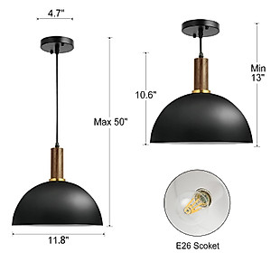 Black Pendant Lighting,Large Wooden Pendant Light, Modern Dome Adjustable Ceiling Hanging Light Fixture for Kitchen Island,Dining Room,Coffee Bar,Restaurant11.8