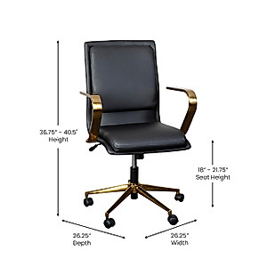 BizChair Mid-Back Designer Executive Office Chair - Black LeatherSoft Upholstery - Brushed Gold Base and Arms - Height Adjustable 360° Swivel Seat