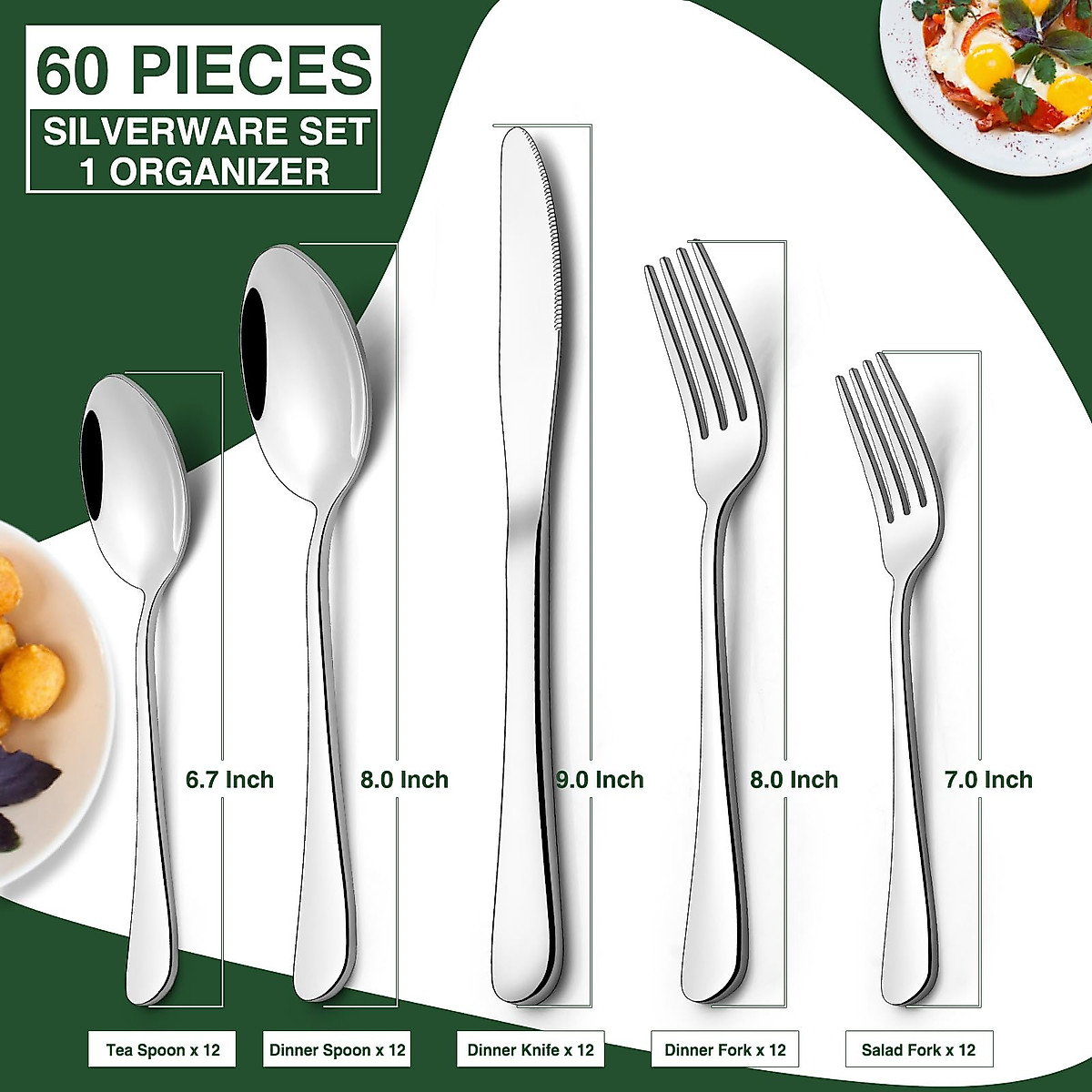 60-Piece Silverware Set with Organizer,AIVIKI Stainless Steel Flatware Set for 12,Cutlery Utensil Sets for Home Restaurant,Tableware Set Include forks spoons and knives,Mirror Polished,Dishwasher Safe