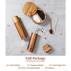 Wooden Salt and Pepper Grinder Set - Premium Set Includes Salt and Pepper Mill/Box with Swivel Lid, Spoon & Cleaner Tool - Perfect Salt and Pepper Shakers Gift (8 inch)