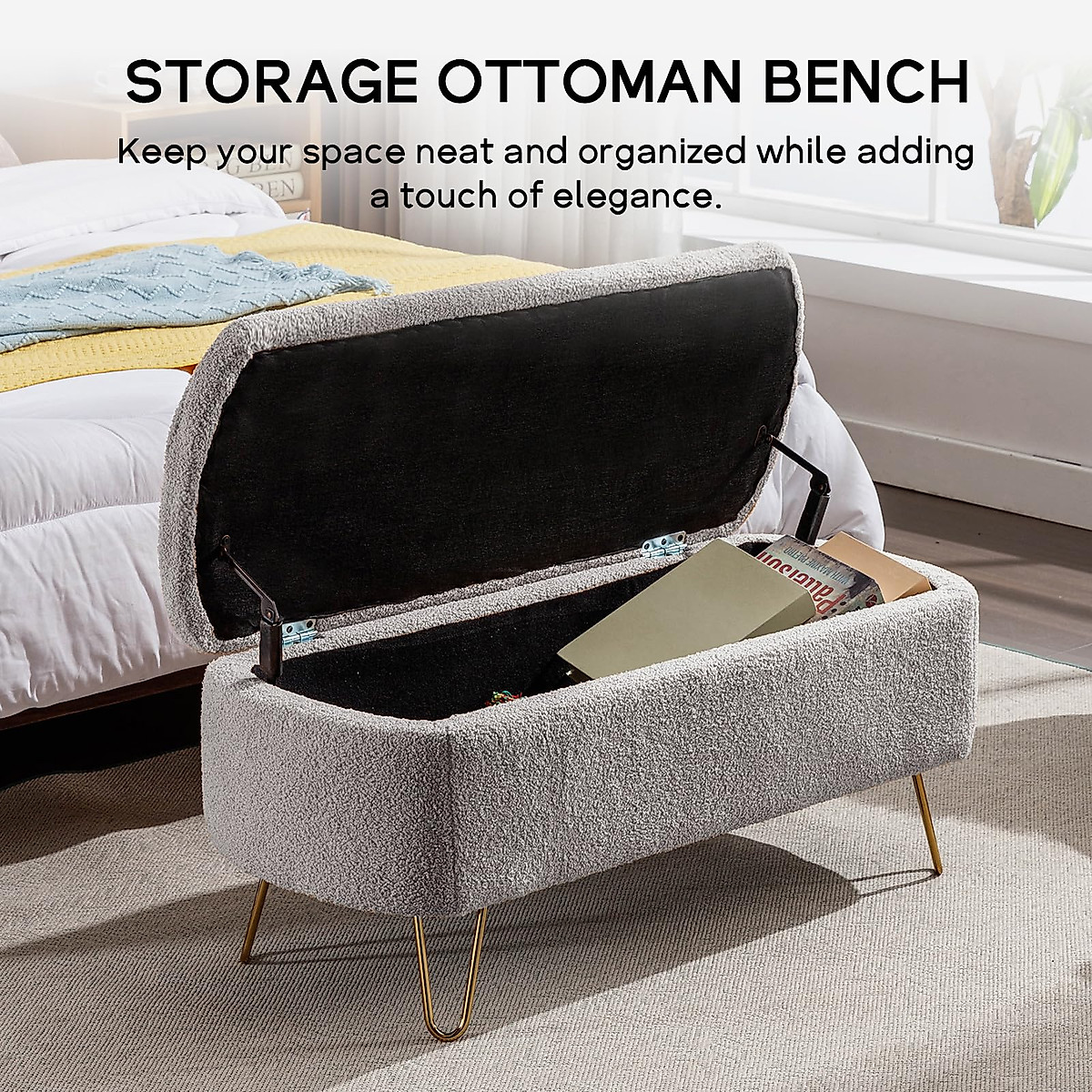 NIOIIKIT Storage Ottoman Bench, Comfy Faux Fur Upholstered Entryway Bench with Metal Legs, Bedroom Bench with Flip Top, Footrest Shoe Bench for Living Room, Bedroom (Grey)