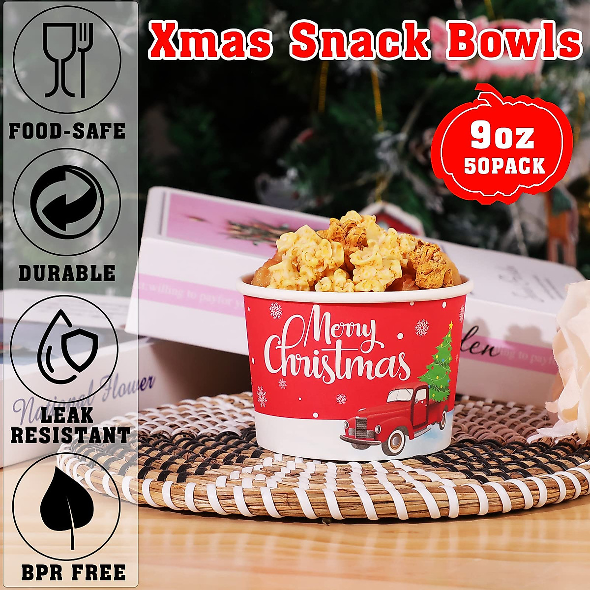 gisgfim 50pcs Christmas Paper Snack Cups, Christmas Ice Cream Cups Disposable 9 Oz Paper Treat Cups Dessert Bowls Holiday Xmas Themed Soup Cups For Hot or Cold Food Christmas Party Supplies
