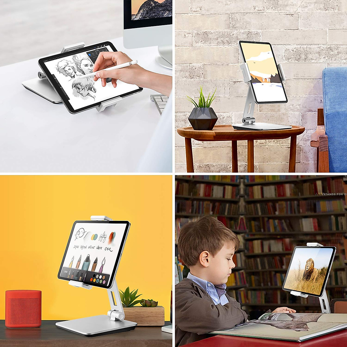 Tablet Stand, Adjustable Heavy Duty Aluminum Phone Stand, 360° Swivel Foldable Holder for iPad, Samsung Tab, Kindle (4.7-13"), Design for Desk Kitchen Bedside Office (Silver)