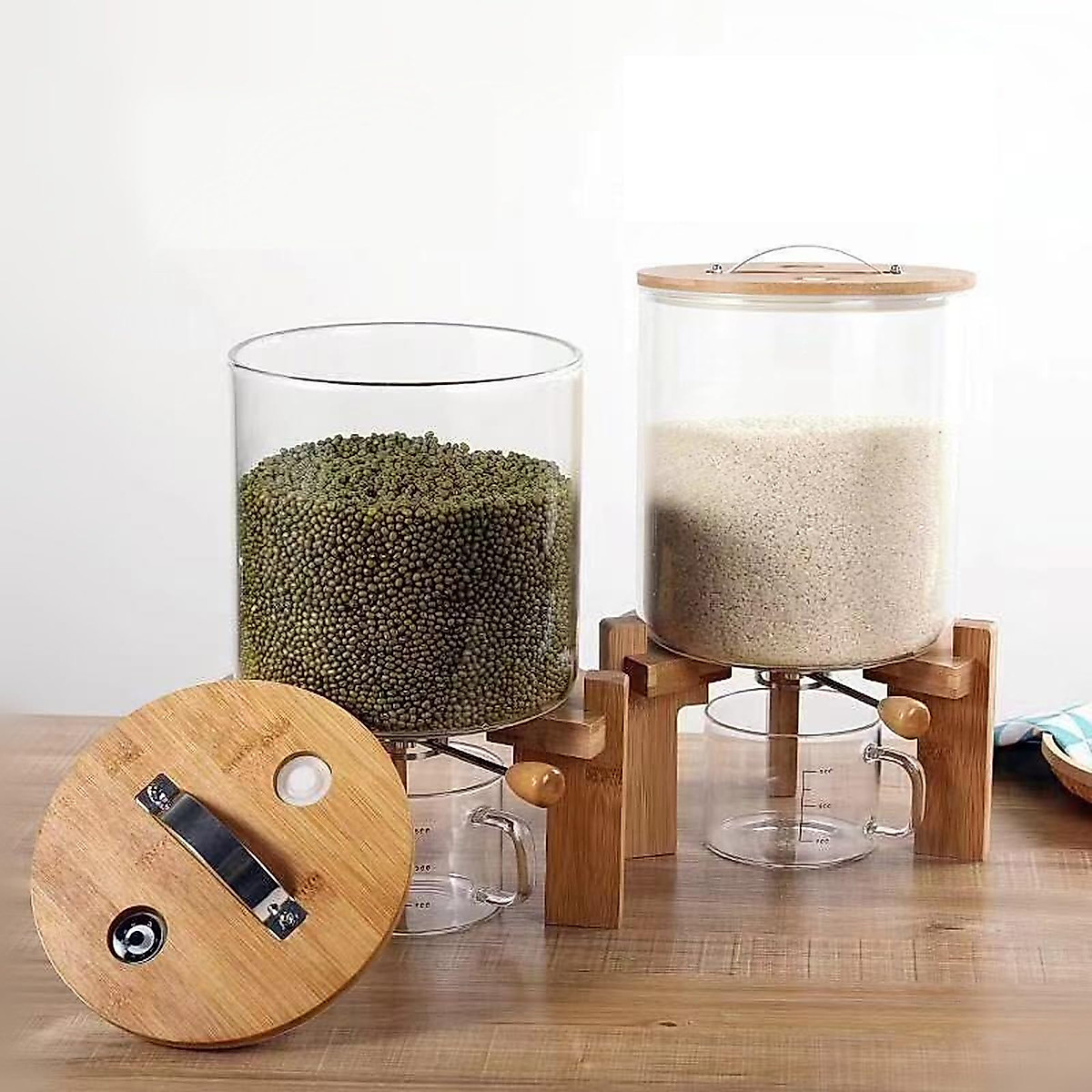 Rice Dispenser 5L, Grain Dispenser Glass Bucket, Cereal Dispenser Countertop for Kitchen and Pantry Organization, Large Rice Storge Container for Dry Food