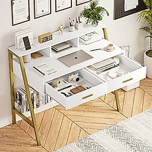 Tiptiper Computer Desk with Drawers, 41 Inches Modern Home Office Desk with Storage Shelf & Monitor Stand, Simple Style Study Writing Table Laptop PC Workstation, Metal Frame, White and Gold