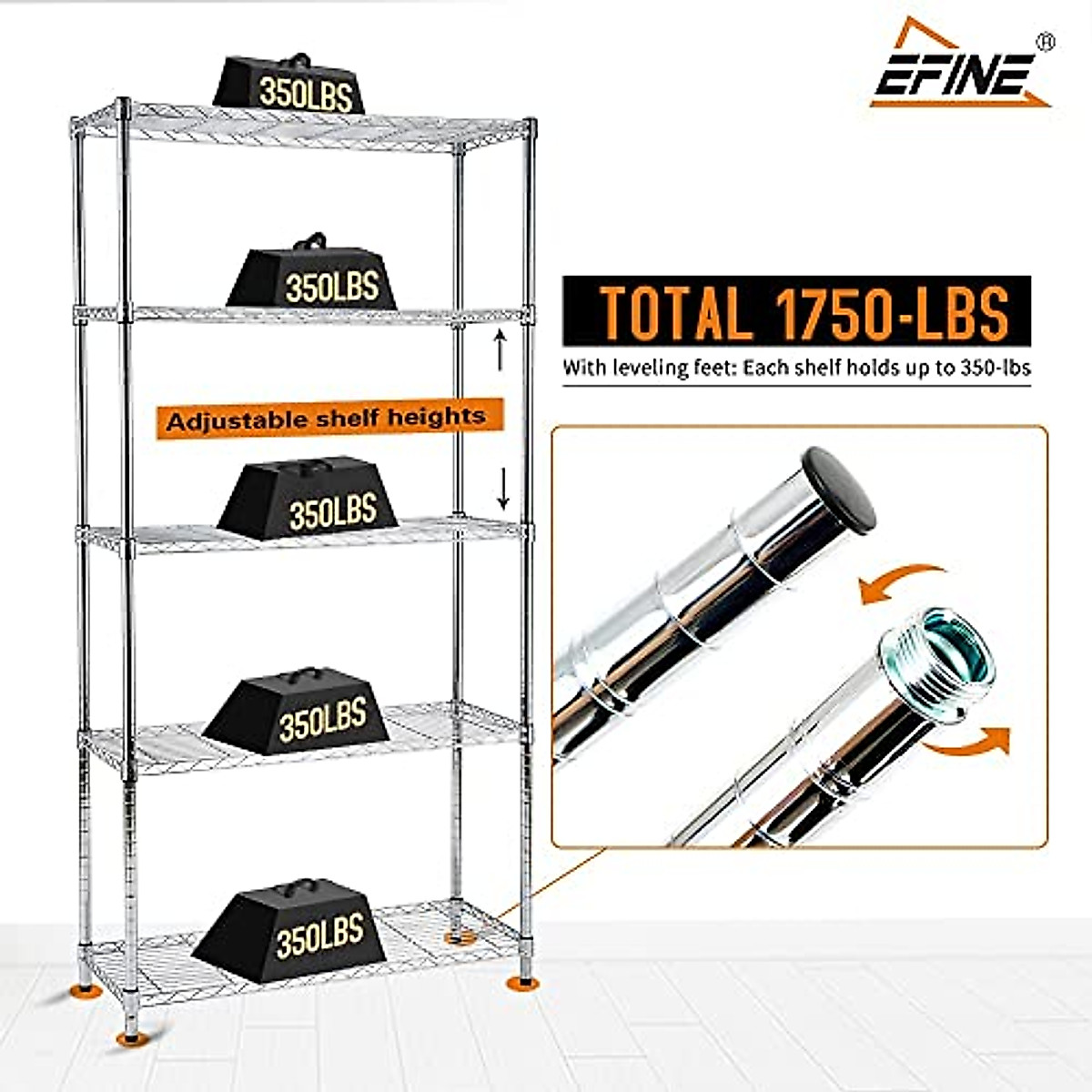 EFINE Chrome 5-Shelf Shelving Unit with 5-Shelf Liners, NSF Adjustable Heavy Duty Steel Wire Shelves, 350lbs Loading Capacity Per Shelf, Storage Rack(36W x 14D x 72H) Pole Diameter 1 Inch