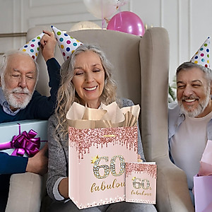 GOLDCROW Rose Gold 60th Birthday Gift Bag for Women with Handles Large Pink Happy 60th Birthday Gift Bag with 60th Birthday Wrapping Paper and Card for 60th Birthday Decorations Party Supplies