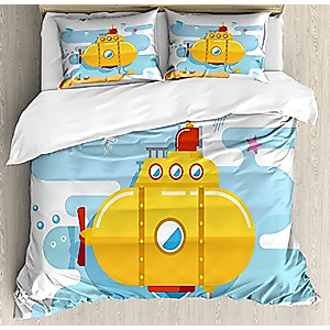 Ambesonne Yellow Submarine Duvet Cover Sets, Submarine Underwater Illustration Crab and Starfish Animal Print, Bedding Set with 2 Duvet Covers & 2 Pillowcases, 2 Pack Twin Size, Blue Earth Yellow
