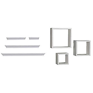MELANNCO Floating Wall Shelves for Bedroom, Living Room, Bathroom, Kitchen, Nursery, Set of 4, White, 4 Count & Floating Wall Mount Square Cube Shelves, Set of 3, White - 5140525