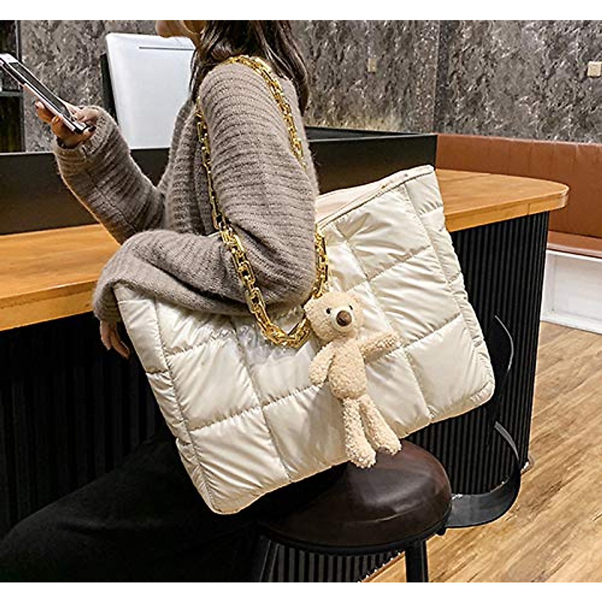 QZUnique Women Shoulder Bags Bread Bear Handbag Underarm Tote Bag Down Large Capacity Tote Handbags