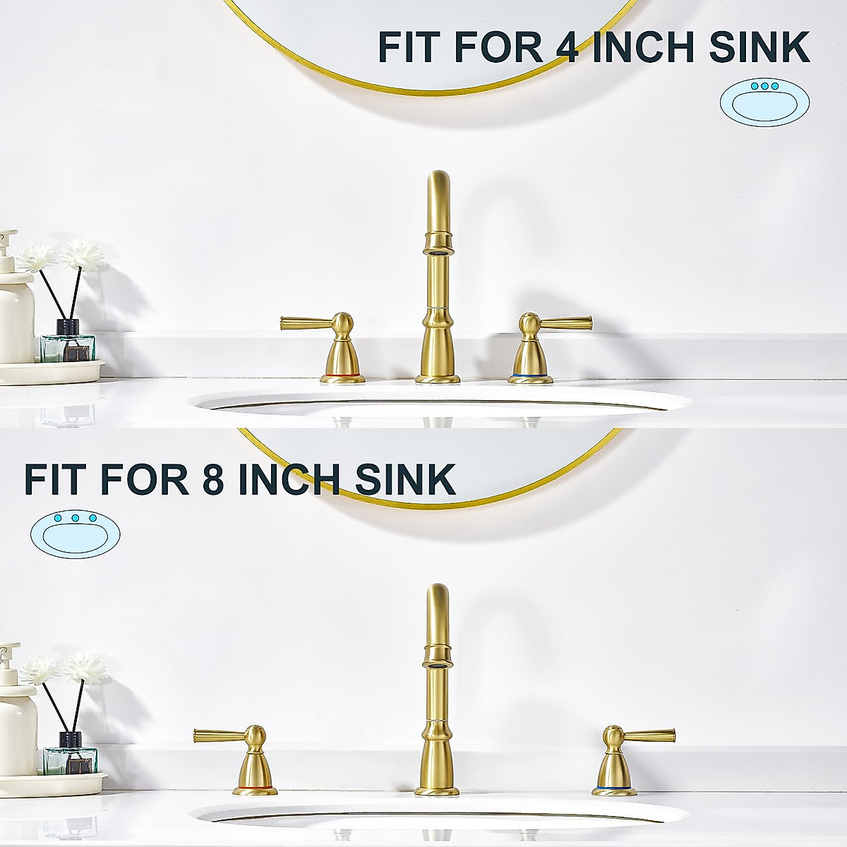 CREA Widespread Bathroom Faucet 3 Hole Brushed Gold Sink Faucet 8 inch with Pop Up Drain 2 Handle 4 inch Faucets for Vanity Lavatory Basin Restroom Bath Sink