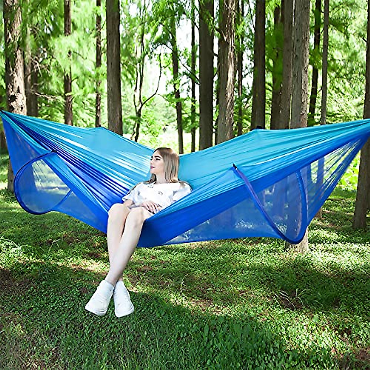 LFL Camping Hammock with Mosquito Net, Hammocks with 13ft Tree Straps Carabiners, Automatic Quick Open Outdoor Portable Hammock, Nylon Parachute Material Hammock with net, Blue