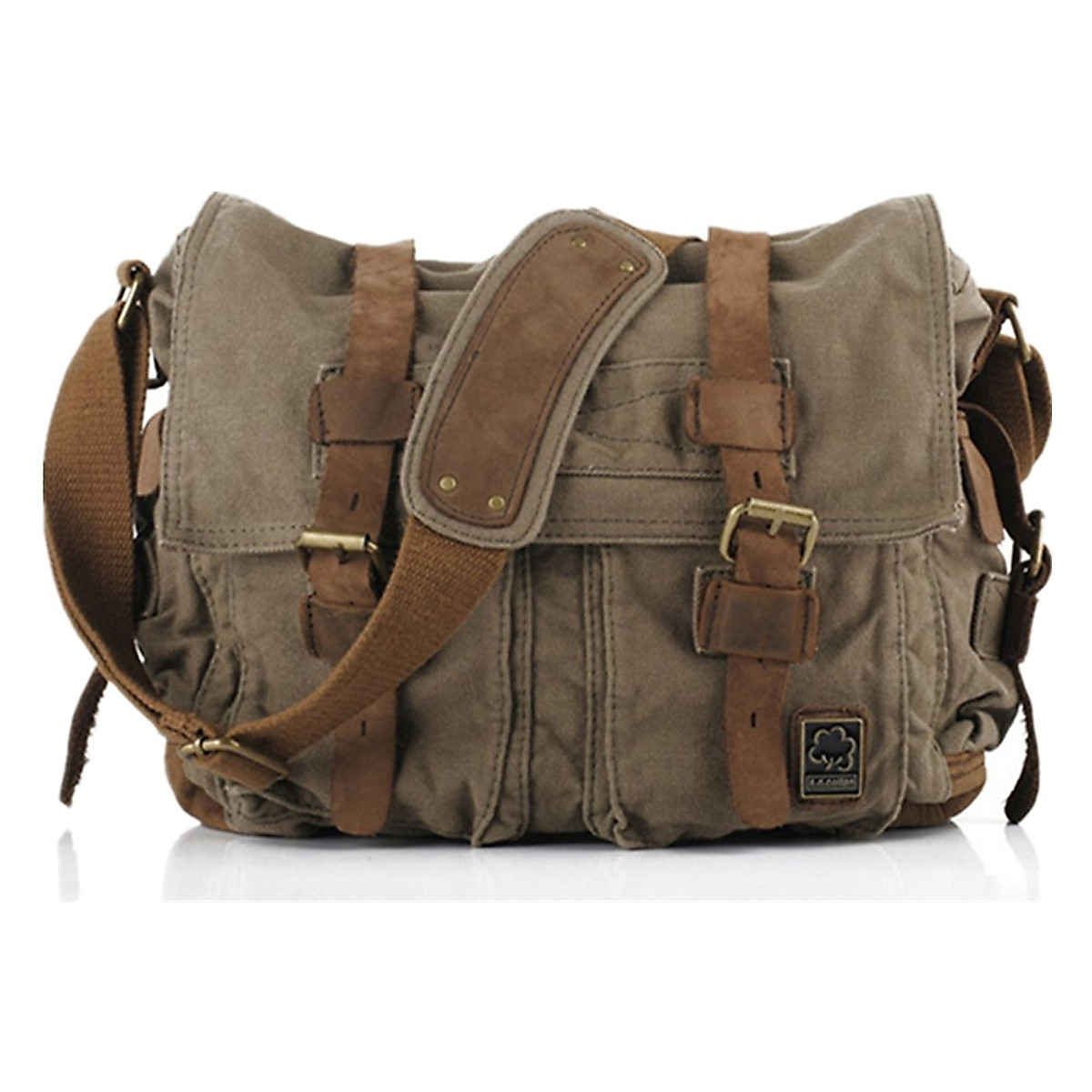 Sechunk Vintage Military Leather Canvas Laptop Bag Messenger Bags Medium （Army Green）