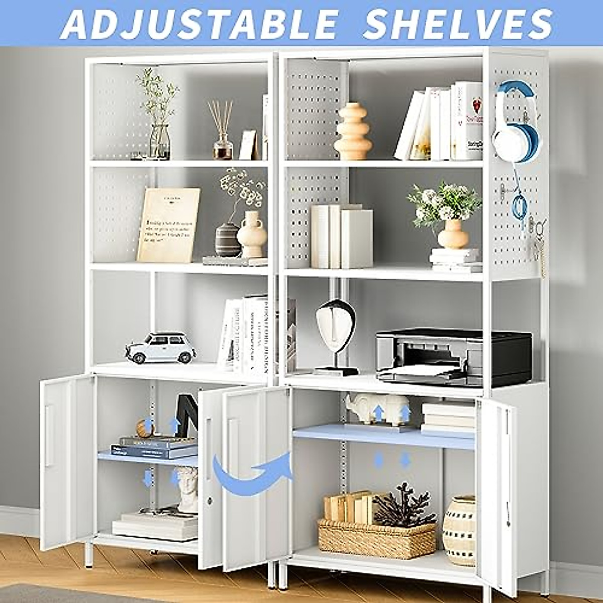 Yizosh 5-Tier Bookshelf, Tall Bookcase with Doors, Industrial Display Standing Shelf Units with Lock & Pegboard, Metal Storage Shelves for Living Room, Bedroom, Home Office (White)