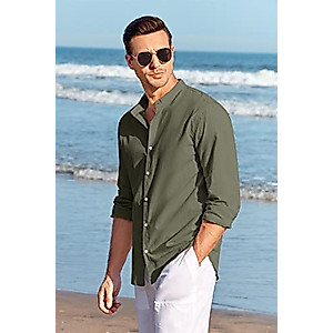Makkrom Men's Cotton Linen Shirts Long Sleeve Button Down Band Collar Summer Beach Shirt Top Army Green