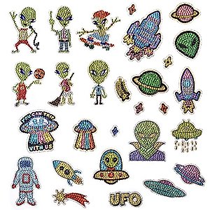 PICNICFUN Diamond Painting Kits Stickers for Kids,28 PCS 5D DIY Alien and UFO Handmade Digital Paint Rhinestone Mosaic Sticker Making for Kids Gift,Children Art Craft (Alien and UFO)