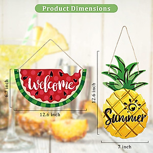 Jetec 2 Pieces Summer Watermelon Hanging Sign Shape Welcome Wooden Door Sign Hanging Plaque Rustic Wall Sign Yard Indoor Outdoor Garden Decoration with Rope, 13.4 x 6.9 Inch