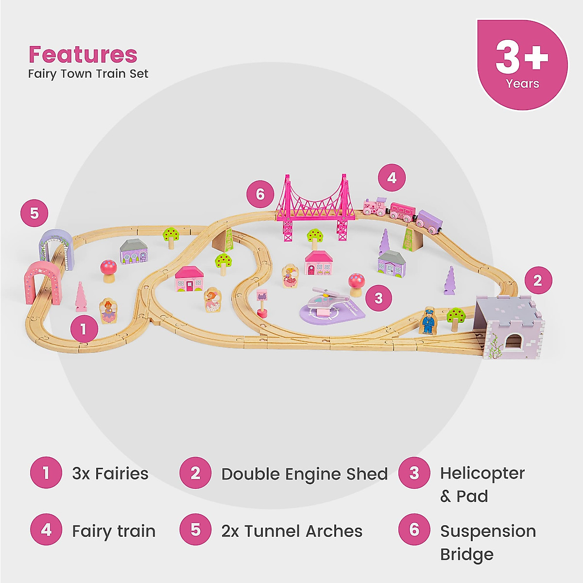 Bigjigs Rail Wooden Fairy Town Train Set - 75 Play Pieces