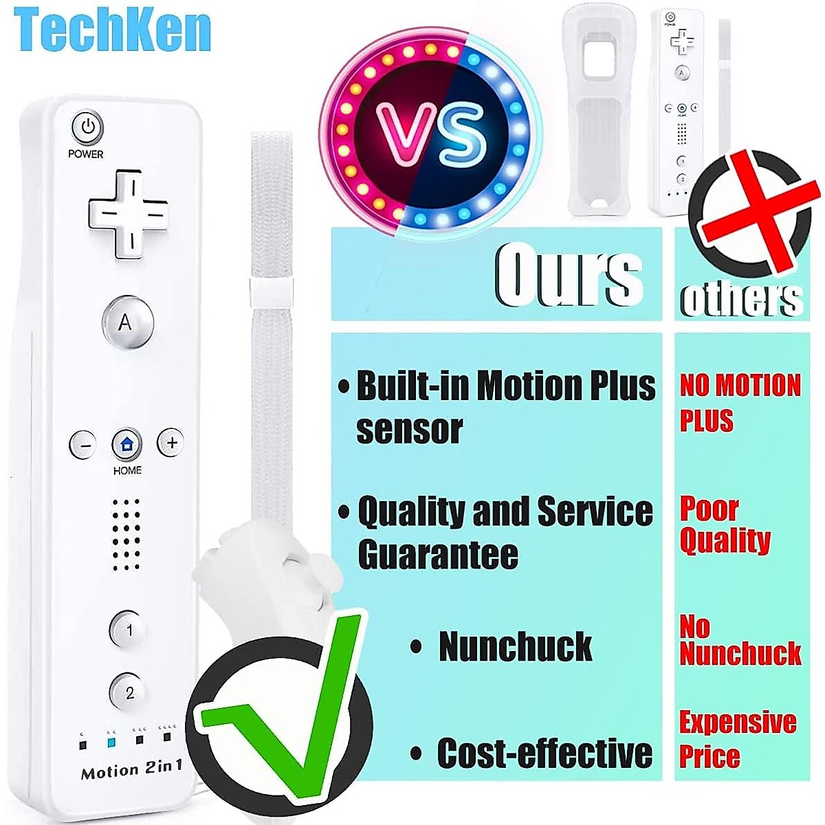 2 Pack Wii Remote with Wii Motion Plus Inside | Shock Wii Nunchuk Controller | Compatible Nintendo Wii, Wii U