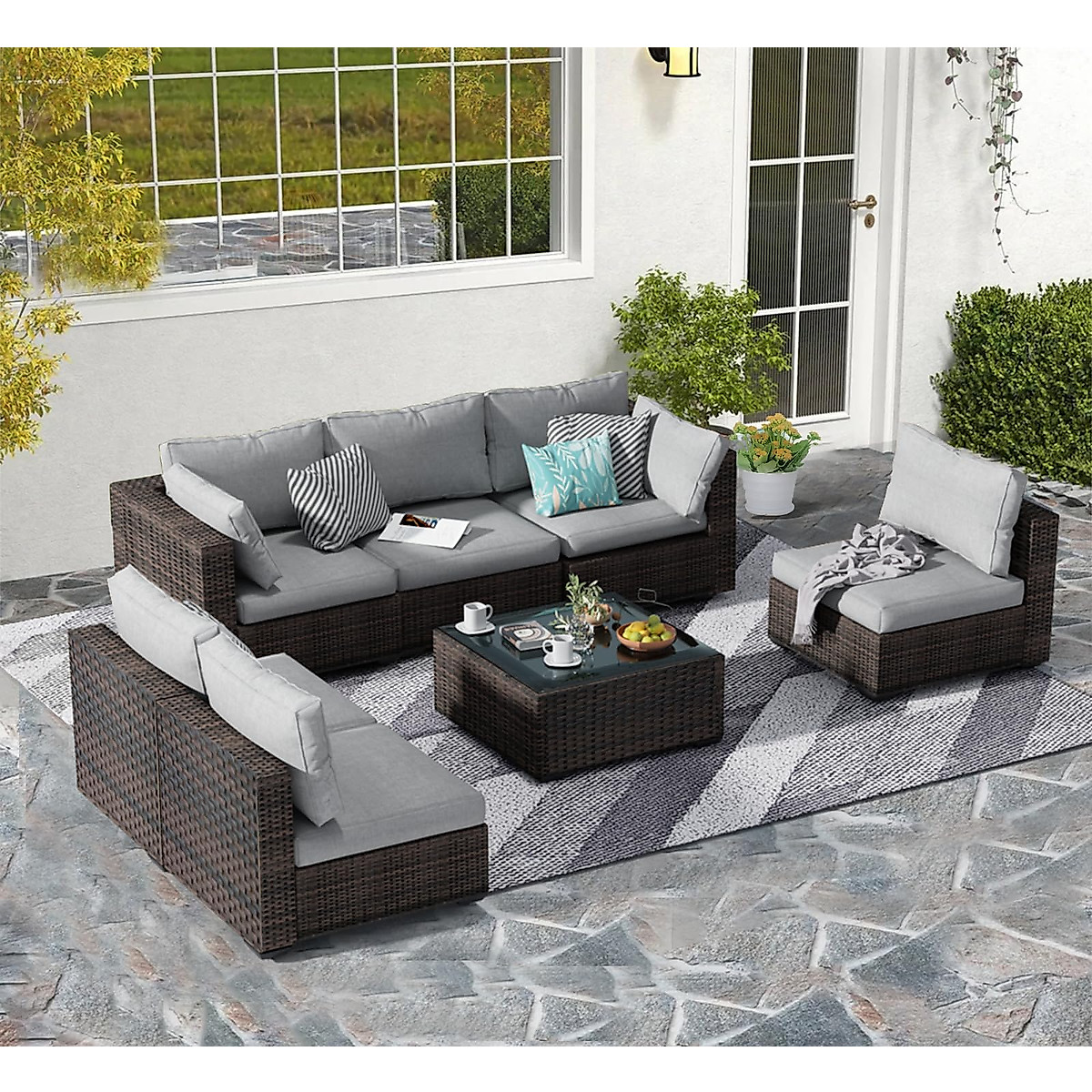7 Piece Patio Furniture Set, Rattan Outdoor Patio Furniture Sets with Glass Coffee Table and Seat Cushions for Backyard (Grey, 7 Pieces Set)