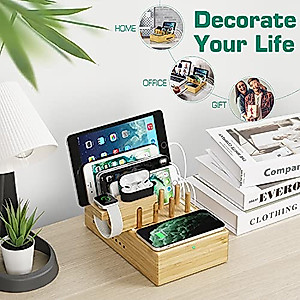 Bamboo Charging Station for Multiple Devices - Darfoo Docking Station Organizer, 1 Qi-Certified Fast Wireless Charger, and 7 USB Charging Ports Compatible with Cellphone, Smart Watch, Earbuds, Tablet