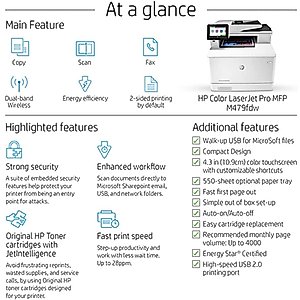 HP Color Laserjet Pro Multifunction M479fdw Wireless Laser Printer- Print Scan Copy Fax - 28 ppm, 600 x 600 dpi, 8.5 x 14, 50-Page ADF, Ethernet, Auto Duplex Printing, Cbmou Printer＿Cable