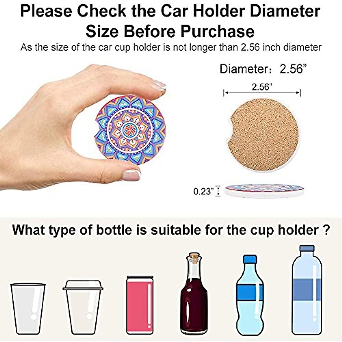 Car Coasters for Drinks Absorbent, 10 Pack 2.56in Car Coasters Absorbent Ceramic with A Finger Notch for Easy Removal, Car Cup Holder Coaster for Car, Cute Car Accessories for Women,Men