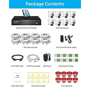 ZOSI H.265+ 4K PoE Home Security Camera System Outdoor Indoor,4K 8 Channel NVR with 2TB Hard Drive and 8pcs 8MP Surveillance PoE Cameras,100ft Night Vision,Motion Detection,for 24/7 Recording