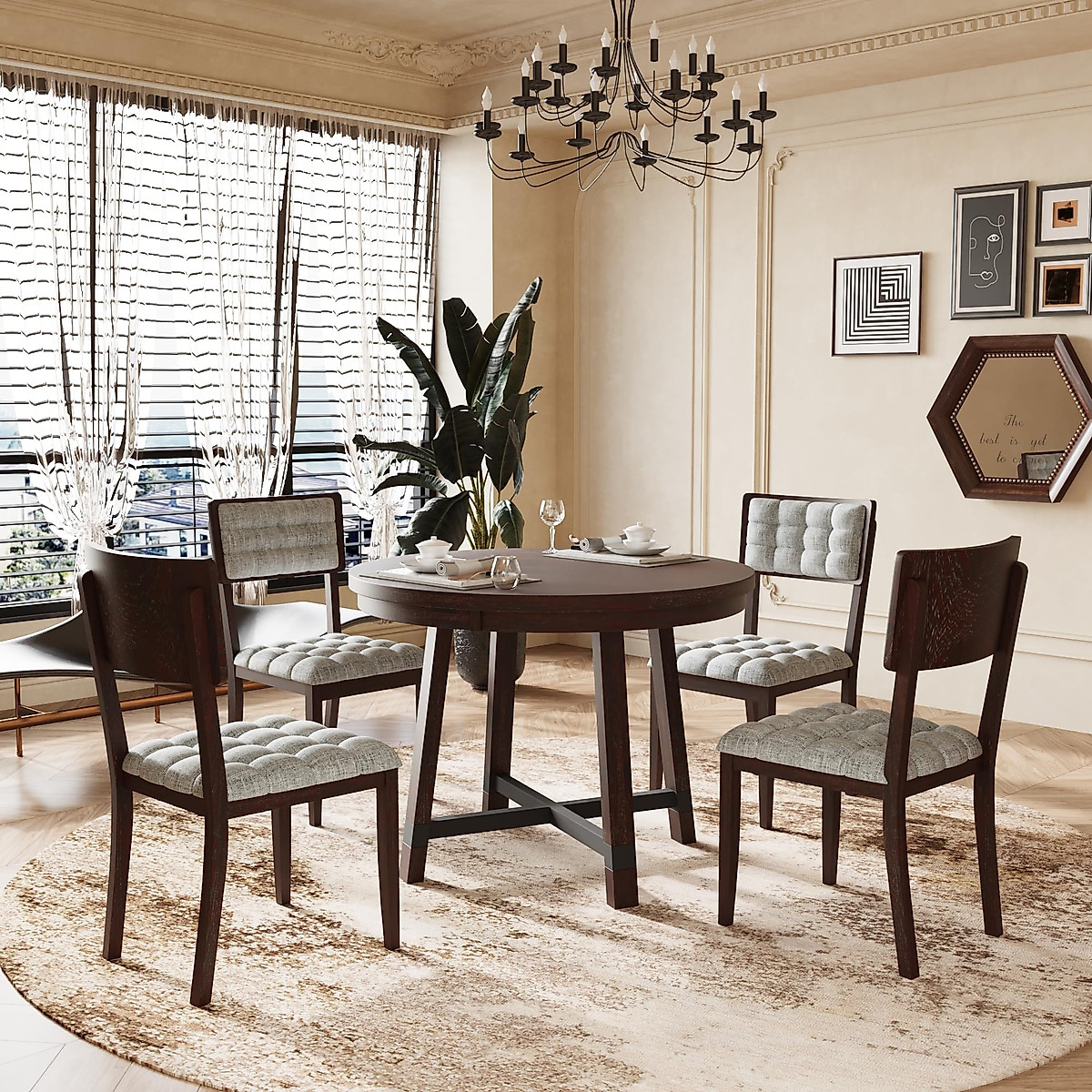 5-Piece Rustic Dining Table Set,42inch Round Dining Table with Cross Legs and Upholstered Dining Chairs for Small Places (Espresso/Rustic+R)