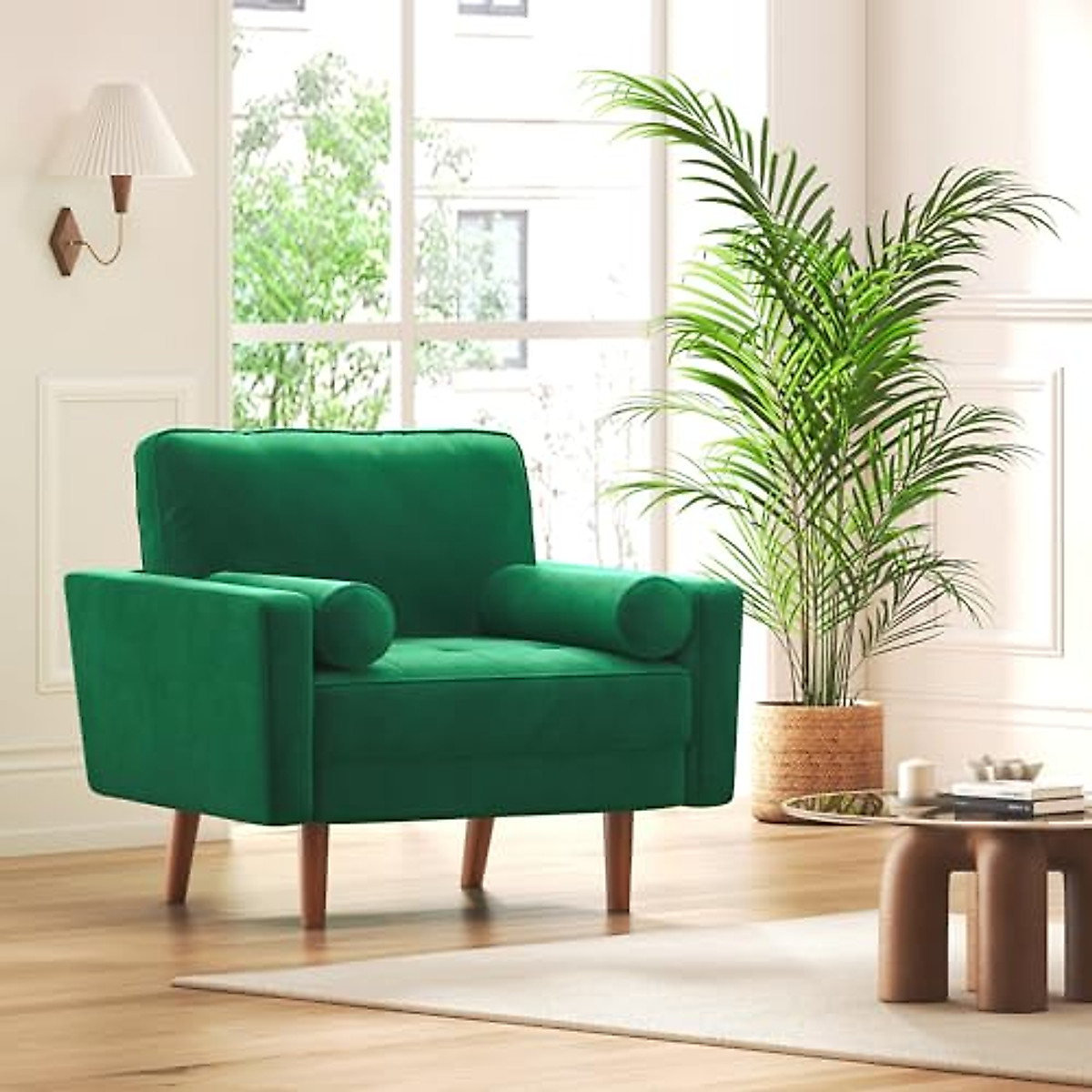 Vesgantti Green Velvet Accent Chair, Mid Century Modern Living Room Chairs, Button Tufted Arm Chairs with 2 Pillows, Comfy Sofa Chairs for Bedroom, Office