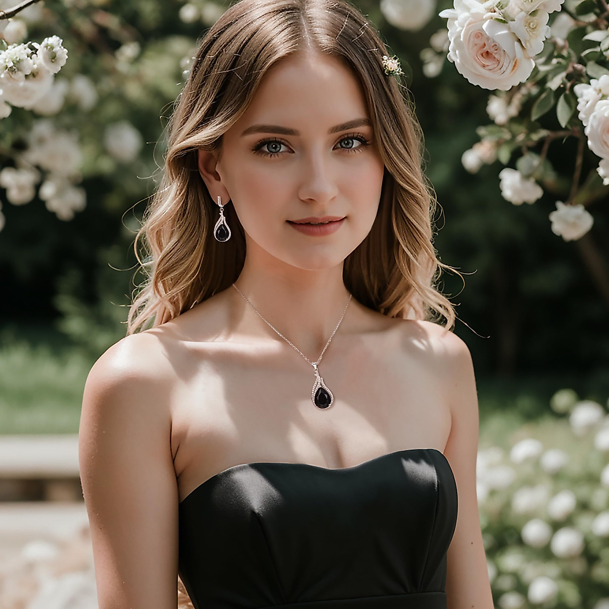 BriLove Sparkling Teardrop Cubic Zirconia Pendant Necklace Dangle Earrings Tennis Bracelet Adjustable Ring Set Gift for Wedding/Anniversary/Birthday/Christmas Black Silver-Tone