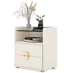 Tribesigns Nightstands, 2-Drawer Modern Night Stand with Open Storage Space, Wood Bed Side Table for Bedroom, Tempered Glasses End Table with Gold Round Metal Legs for Living Room, Easy Assembly